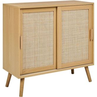 Beliani Buffet &agrave; 2 Portes Particules Bois et Rotin Clair avec Etag&egrave;re Rangement Hodgen