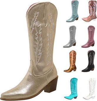 Generic Bottes de cowboy pour femme - Coupe large - Talon moyen - Style r&eacute;tro - Bout pointu - Style campagnard - Style d&eacute;contract&eacute; - Style western brod&eacute; - Cha