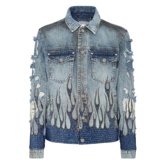 Philipp Plein Homme, Vestes, Bleu, Taille: 2XL Denim Oversize Jacket LS Strass Flame