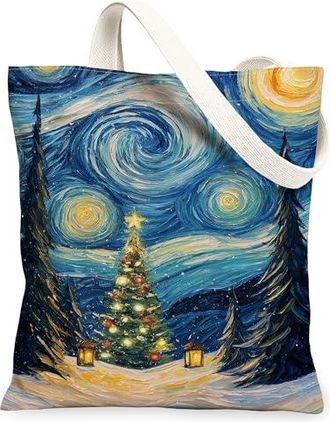 Generic Sacs fourre-tout en toile motif arbre de No&euml;l, design artistique vintage, l&eacute;gers, lavables et r&eacute;utilisables pour les vacances, les voyages, bleu, 13x1