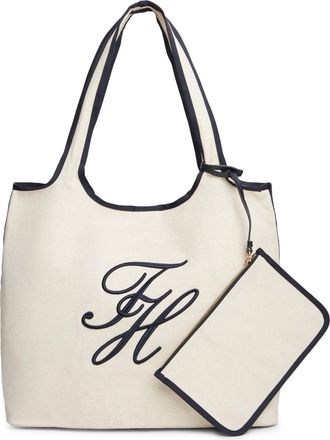 Tommy Hilfiger Tragetasche TOMMY HILFIGER TH SUMMER TOTE CANVAS, Damen, Gr. B/H/T: 46cm x 39cm x 19cm, beige (wei&szlig;, blau), Textil, Taschen, Damen Schultertasche, Tra