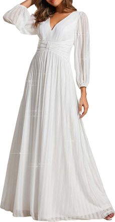 Ever-pretty Kleid Elegant Damen Festlich Lang Langarm Ballkleid Maxi Hell Abendkleider Elegant für Hochzeit A Line Weiß 54
