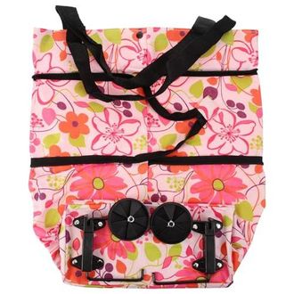 Beaupretty Homoyoyo Chariot de Courses Pliable avec Paquet &agrave; Roulettes en Polyester R&eacute;sistant 4 Roues Couleur Blanc &agrave; Motif Fleur Rose Paquet Cabas Pratique pour