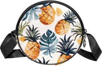 Generic Petit sac &agrave; bandouli&egrave;re circulaire pour femme, motif feuilles dananas avec fermeture &eacute;clair, bretelles r&eacute;glables, sac &agrave; main rond d&eacute;contract&eacute; pour fem