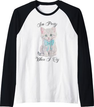 Trendy Apparel Im Pretty When I Cry Cute Kitten Blue Bow Raglan