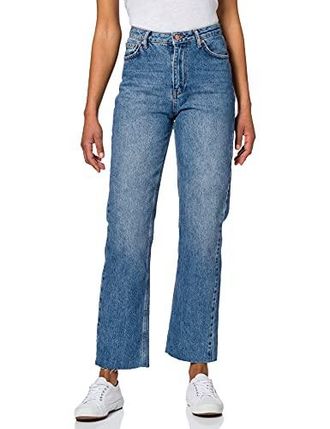 NA-KD Jean Droit Taille Haute avec Ourlet Brut, Bleu Moyen, 44 Femme