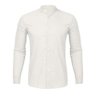 Generic Chemise en lin et coton &agrave; manches longues pour homme, col rond boutonn&eacute;e, chemise classique vintage, chemise basique essentielle, haut doux et extensi