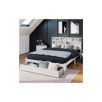 Liberte Lit double en bois massif avec tiroirs, sommier à lattes et étagère, pour adolescents et adultes 140x200cm - Blanc - Liberté