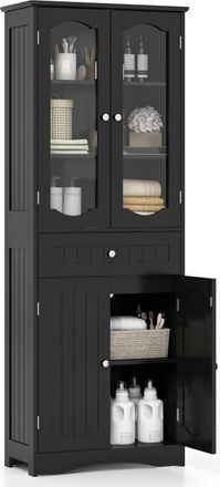 Costway Armoire de Rangement de 160 cm de Haut, 2 Portes en Verre Transparent, 2 Etag&egrave;res R&eacute;glables, 1 Tiroir, Autoportante, Noir