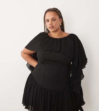 Asos Curve strukturiertes Mini-Kleid mit Falten an der Schulter, Drapierung und Volantrock in Schwarz