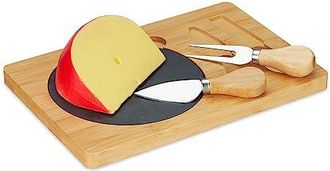 Relaxdays K&auml;sebrett mit K&auml;semesser Set, Bambus K&auml;seplatte mit Schiefer & K&auml;sebesteck, B x T: 25 x 17 cm, Natur/schwarz