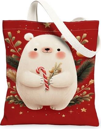 Generic Sac fourre-tout en toile motif ours festif, sacs &agrave; provisions r&eacute;utilisables, l&eacute;gers et lavables avec bandouli&egrave;re, Rouge, 13x15 Inch