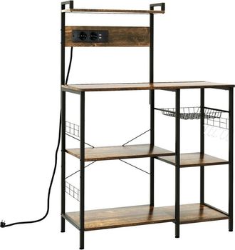 HOMCOM Tagère de cuisine avec multiprise et 2 chargeurs usb - 6 étagères, plateau, 5 crochets - acier noir aspect bois vieilli