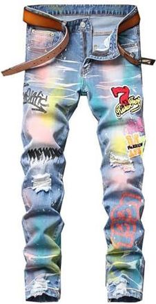 Generic Jean Homme Jeans Homme Bureau Smart Casual Jean Lav&eacute; avec D&eacute;coupes et Imprim&eacute;s - Pantalon Patchwork D&eacute;contract&eacute; pour Look Jeune et Rebelle