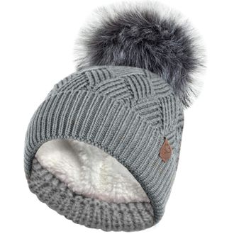 RockJock Damen Warm Chunky Diamond Cable Strickm&uuml;tze mit Thermo Teddy Fleece Futter und Abnehmbarem Kunstpelz Pompom-Grey