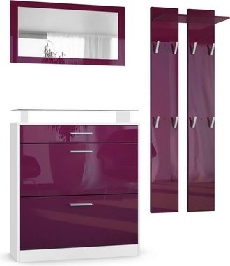 Vladon Garderobe Loret mini, Garderobenset bestehend aus 1 Schuhschrank, 1 Wandspiegel und 2 Garderobenpaneele, Weiß matt/Brombeer Hochglanz