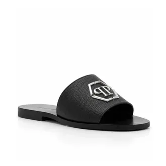 Philipp Plein Homme, Chaussures, Noir, Taille: 41 EU Sandales en cuir Big Hexagon