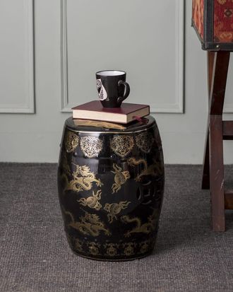 Ori&euml;ntique Keramik Hocker Dragon Schwarz B33xH45cm China Keramik Gartenhocker Porzellan Glasierte Keramik Stool Chinesische Hocker Drum Garden Stool