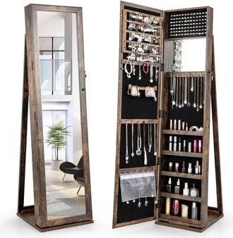 Costway Armoire à Bijoux sur Pieds, Miroir hd Pleine Longueur et Miroir de Maquillage Intégré, avec 91 Fentes pour Bagues 30 Crochets Collier, 100