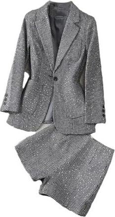 Generic Ensemble de 2 pièces pour femme avec veste courte et pantalon à carreaux pour printemps et automne, gris, S