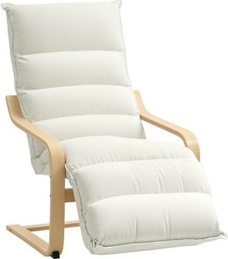 HOMCOM Fauteuil en bois de bouleau, chaise capitonn&eacute;e avec repose-pieds r&eacute;glable, chaise Poang moderne pour salon, chambre &agrave; coucher, balcon, bureau, blanc c