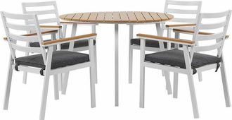 Beliani Gartenm&ouml;bel Set Tisch mit 4 St&uuml;hlen Wei&szlig; Alumunium Graues Sitzkissen Outdoor Indoor Garten Salon Wohnzimmer Tarrasse