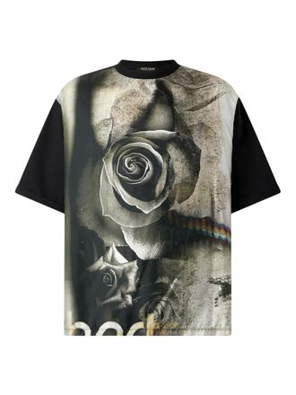 Roberto Cavalli t-shirt à roses imprimées - Noir