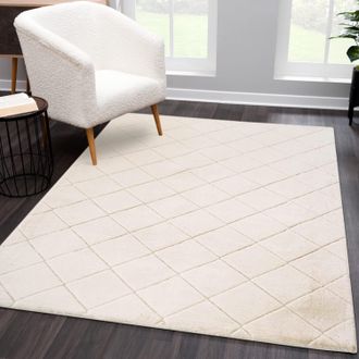 Carpet City Teppich Hochflor Wattiert Einfarbig - Ivory 120x170 cm Rechteckig - Weicher Wohnzimmerteppich - 3D-Optik, Hoch-Tief-Effekt - Moderne Teppiche Schlafzi