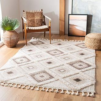Safavieh Zottelig Teppich für Wohnzimmer, Esszimmer, Schlafzimmer - Moroccan Tassel Shag Collection, Kurzer Flor, Elfenbein und Braun, 201 X 279 cm