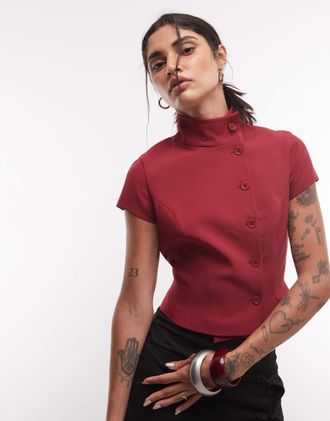Asos top ajust&eacute; &agrave; col chemin&eacute;e court rouge-Pas de couleur