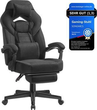 Songmics Gaming-Stuhl, B&uuml;rostuhl, Computerstuhl, ergonomisches Design, mit Fu&szlig;st&uuml;tze, verstellbares Kopfkissen, Lendenkissen, Tragkraft 150 kg, tintenschwarz O