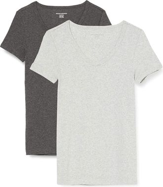 Amazon Essentials Damen Kurzärmeliges T-Shirt mit V-Ausschnitt, Schmale Passform, 2er-Pack, Dunkelgrau Meliert/Hellgrau Meliert, XXL