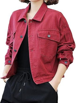 Generic Veste en jean longue femme tendance oversize &agrave; manches longues, style surchemise d&eacute;contract&eacute;e avec poches, rouge bordeaux, taille S