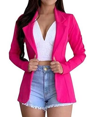 ORANDESIGNE Femme Blazer Élégant Manches Longues Slim Fit OL Bureau Affaire Casual Veste De Costume Devant Ouvert Manteau Cardigan Jacket Blouson A Rose Rouge 44
