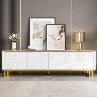 Generic TV-Schrank Wei&szlig; Gold 160 cm Lowboard mit Geometrischem 3D Relief & Stabilem Metallgestell Anrichte 4 T&uuml;ren TV-Board mit Kabelmanagement Kommode Modern