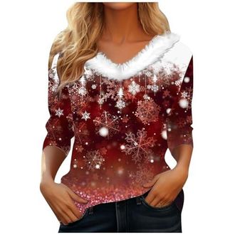 Generic Haut de Noël pour femme avec col en V imprimé en fausse fourrure graphique chemises de vacances à manches longues col en peluche T-shirt dhiver confor