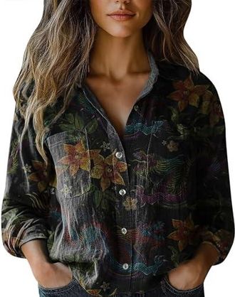 Generico Chemise D&eacute;contract&eacute;e &agrave; Manches Longues T Shirt en Lin Coton &Eacute;l&eacute;gant Grande Taille Blouse Col en V Doux Chemisier Vintage Imprim&eacute; avec Boutons L&eacute;ger Ch