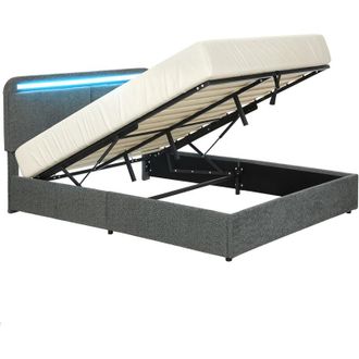 HOMCOM Lit coffre - HOMCOM - 140 x 190 cm - &eacute;clairage LED, t&ecirc;te de lit r&eacute;glable, sommier &agrave; lattes en bois - polaire Teddy - gris
