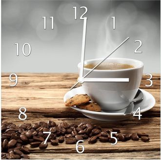Wallario Design-Wanduhr Hei&szlig;e Tasse Kaffee mit Kaffeebohnen aus Glas, Motiv-Uhr Gr&ouml;&szlig;e 30 x 30 cm, wei&szlig;e Zeiger
