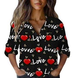 Generic Haut de Saint-Valentin pour femme avec col en V boutonn&eacute; &agrave; manches 3/4 - T-shirt tendance avec motif coeur damour - Tunique d&eacute;t&eacute; - Chemisier d&eacute;contrac