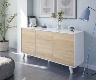 Dmora Anrichte Arvada, Modernes Sideboard mit 3 T&uuml;ren und Einlegeb&ouml;den, K&uuml;chenbuffet, Wohnzimmer-Design-Buffet, cm 154x40h75, Gl&auml;nzend wei&szlig; und Wei&szlig;