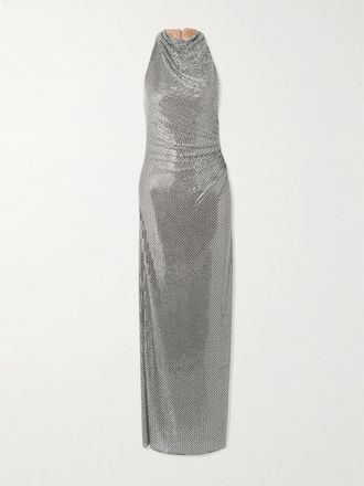 Self Portrait Embellished Draped Mesh Halterneck Maxi Dress - Gray