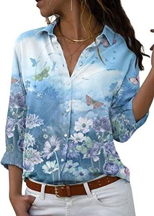 Onsoyours Chemisier Femme Blouse Manches Longues Boutons Haut Tops Papillon Floral Imprim&eacute; Chemise Femmes Chic Col en V Blouse Shirt Tunique Multicolore D Bleu 