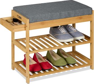 Relaxdays Schuhbank, Polsterbank mit Schuhablage, 2 Ebenen, Schublade, HBT: 49 x 55 x 30 cm, Bambus & Leinen, Natur/grau