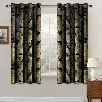 Miulee Rideaux Velours avec Motif Feuilles dor, Tr&egrave;s Doux Rideau Velour Noir &agrave; Oeillet Rideau Opaque, Rideaux Courts Fenetre Chambre Salon Int&eacute;rieurs, 2X L11