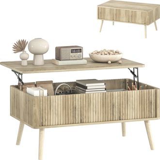 HOMCOM Aufklappbarer Couchtisch, Salontisch mit 2 versteckten Fächern und Kiefernholzbeinen, moderner Stil, für Wohnzimmer, Büro, 91 x 56 x 43 cm, Eiche