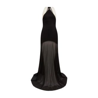 DAVID KOMA Satin-Abendkleid mit Neckholder und Mesh-Rock - - Dresses - Damen - Schwarzk - S