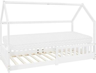 ML Design ML-Design Lit Cabane Enfant 90x200 cm Blanc avec Matelas H:10cm, Protection Contre la Chute, Toit et Sommier à Lattes, en Bois Massif, Style Maison