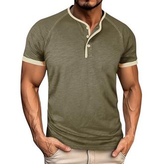 Generic DENGJIAMY Chemise Henley &agrave; manches courtes pour homme - T-shirt d&eacute;t&eacute; classique basique pour homme - V&ecirc;tements d&eacute;contract&eacute;s - Col en V boutonn&eacute;, Vert, 