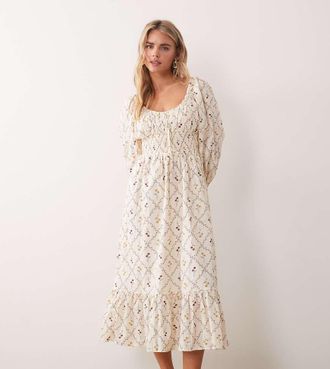 Miss Selfridge Robe longue tendance folk &agrave; petites fleurs - Jaune-multicolore
